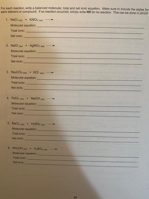 Solved For each reaction, write a balanced molecular, total | Chegg.com