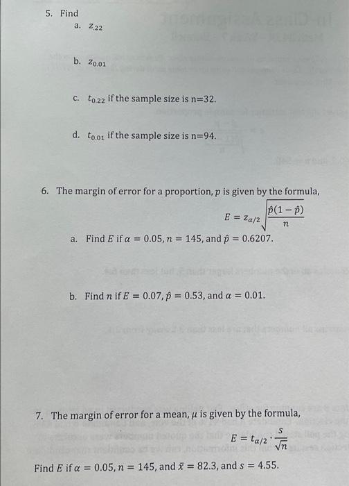 5. Find a. z.22 b. z0,01 c. t0.22 if the sample size | Chegg.com