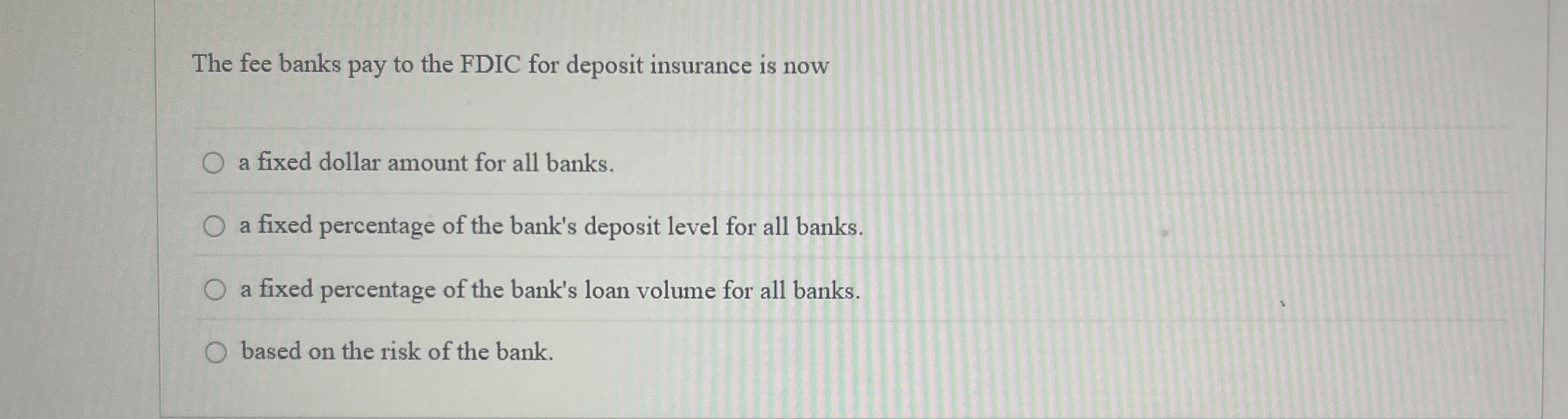 Solved The fee banks pay to the FDIC for deposit insurance | Chegg.com