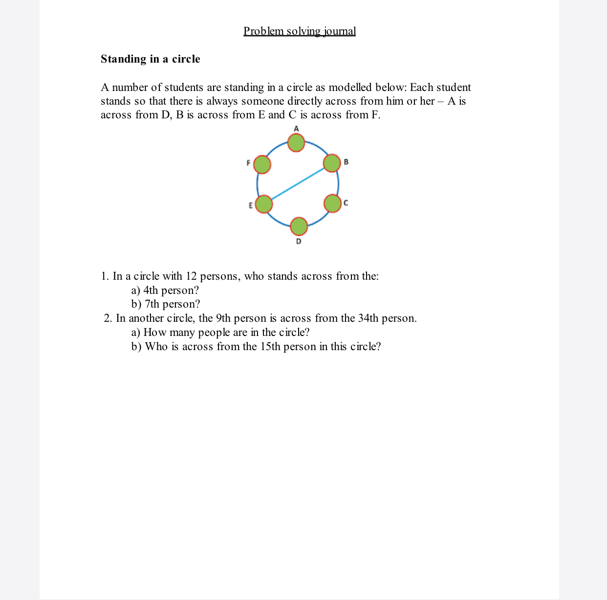 Solved in a circleProblem solving journal ﻿A number of | Chegg.com