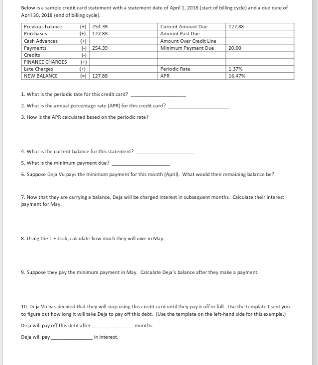 Solved Below is a sample credit card statement with a | Chegg.com