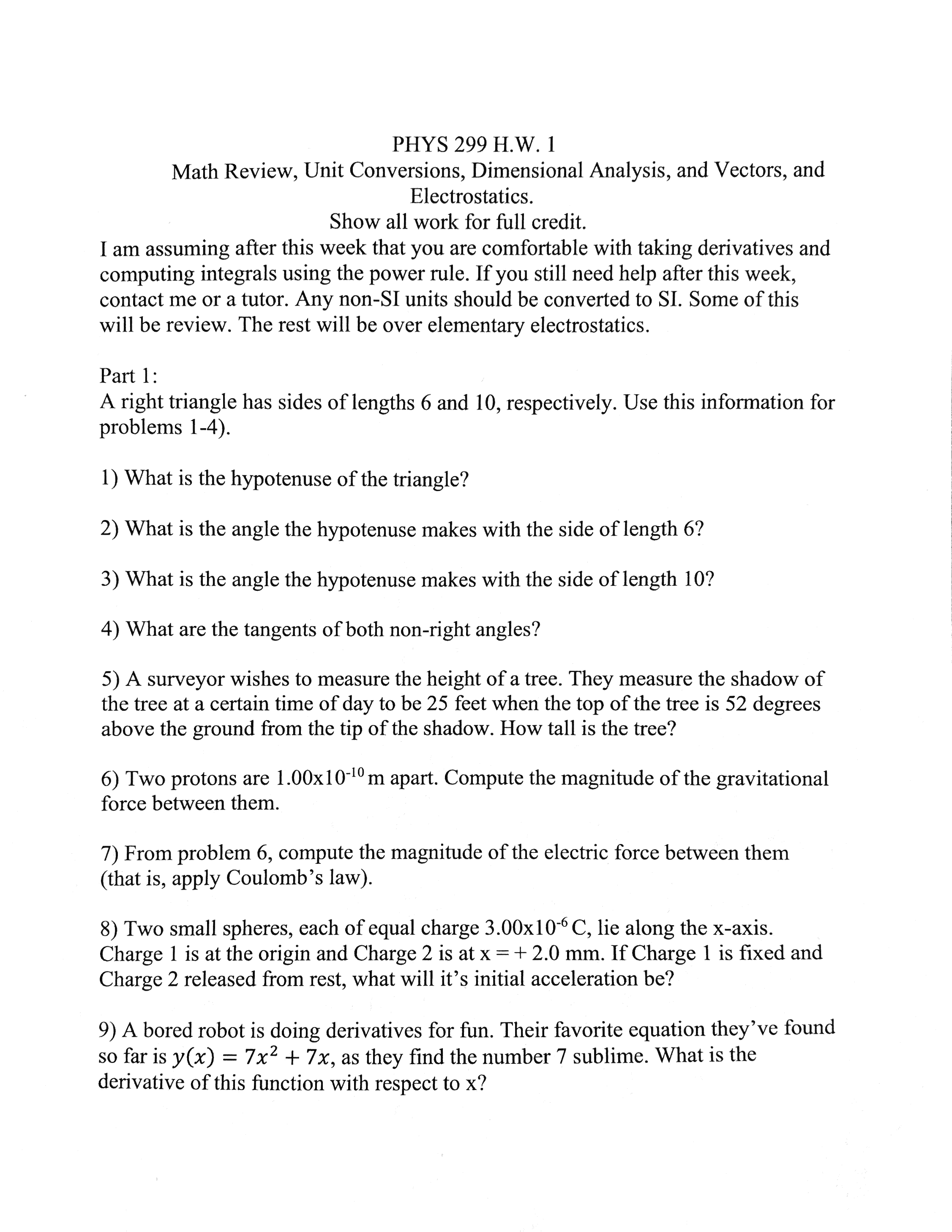 Solved PHYS 299 ﻿H.W. 1Math Review, Unit Conversions, | Chegg.com