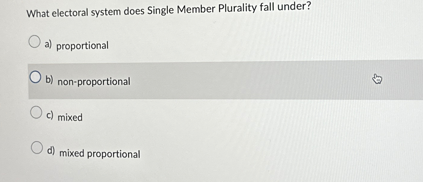 Solved What Electoral System Does Single Member Plurality 0804