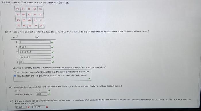 Solved The test scores of 20 students on a 100-point test | Chegg.com