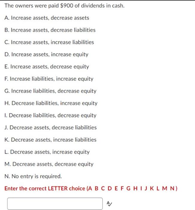 Solved The owners were paid $900 of dividends in cash. A. | Chegg.com