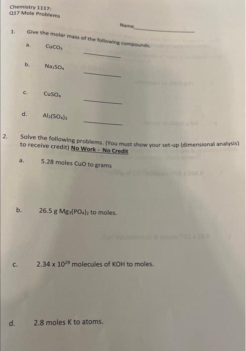 Solved 2. Chemistry 1117: Q17 Mole Problems 1. C. d. b. a. | Chegg.com