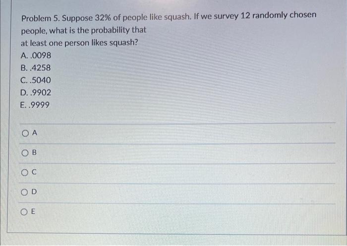 Solved Problem 5. Suppose 32% of people like squash. If we | Chegg.com