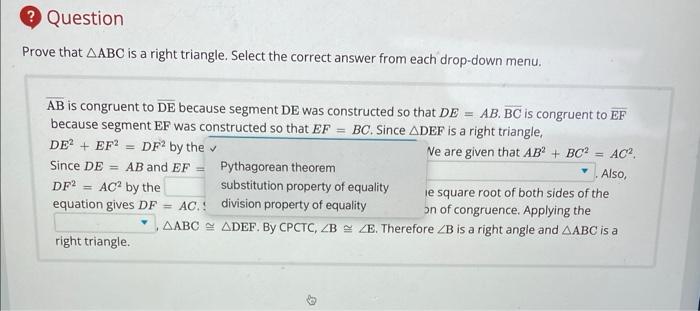 Solved Prove that ABC is a right triangle. Select the | Chegg.com