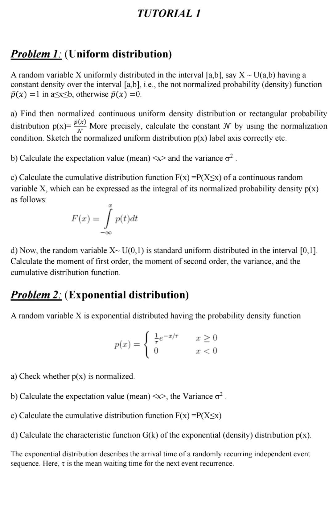 Solved TUTORIAL 1 Problem 1: (Uniform distribution) A random | Chegg.com
