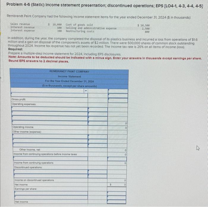 Solved Problem 4-6 (Static) Income statement presentation; | Chegg.com