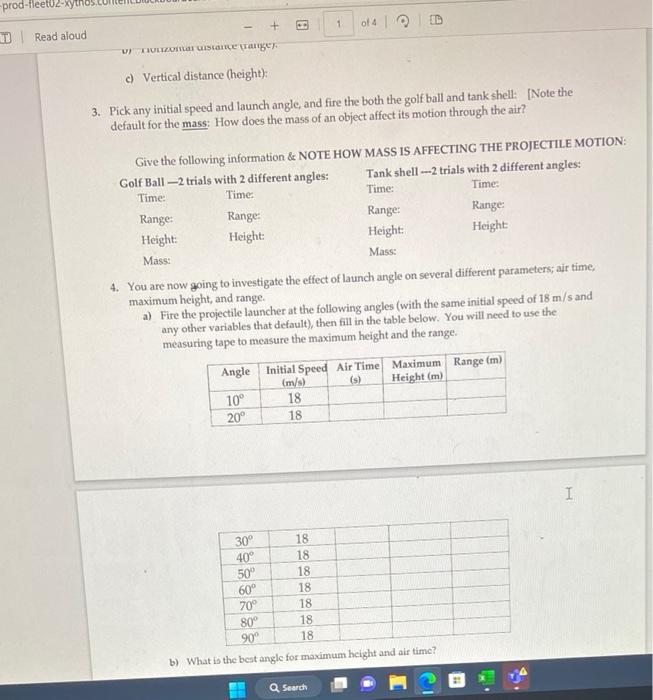 Solved 3. Pick any initial speed and launch angle, and fire | Chegg.com