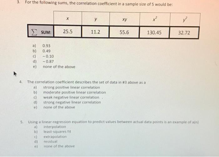Solved 3. For the following sums, the correlation | Chegg.com