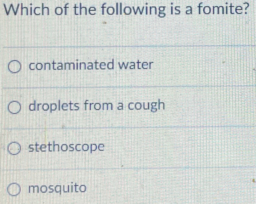 Solved Which of the following is a fomite?contaminated | Chegg.com