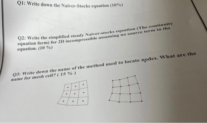 Solved Q1: Write down the Naiver-Stocks equation ( 10%) Q2: | Chegg.com