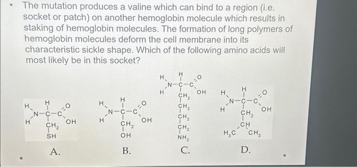 Solved The mutation produces a valine which can bind to a | Chegg.com