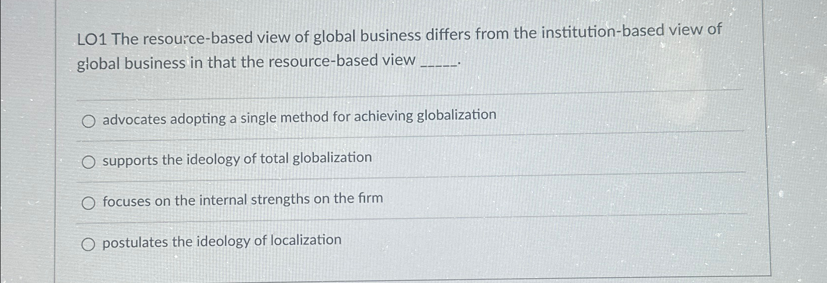 Solved LO1 ﻿The resource-based view of global business | Chegg.com