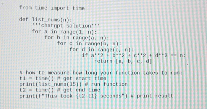 Solved from time import time def list_nums (n) : '. 'chatgpt | Chegg.com