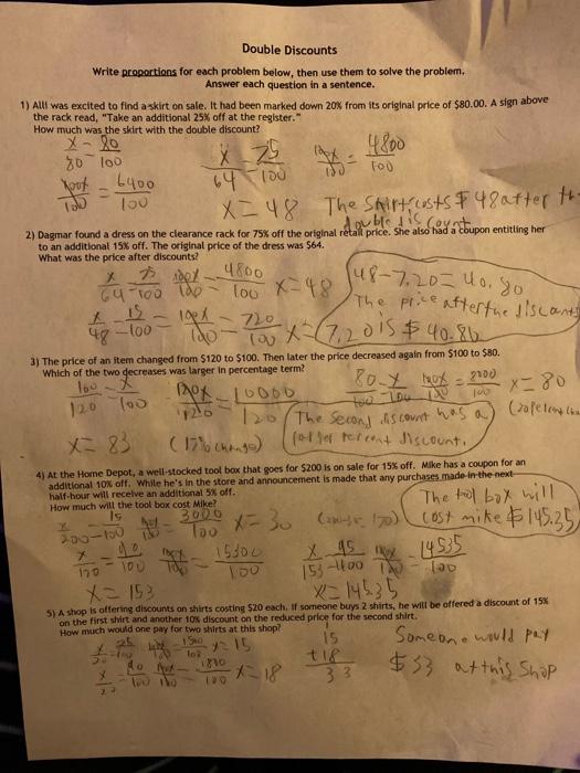 Solved Double Discounts Write proportions for each problem | Chegg.com