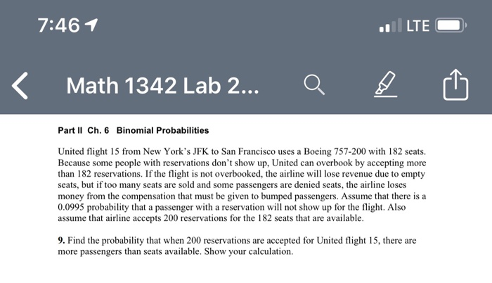 Solved 7:46 1 L LTE Math 1342 Lab 2... Part II Ch. 6 | Chegg.com