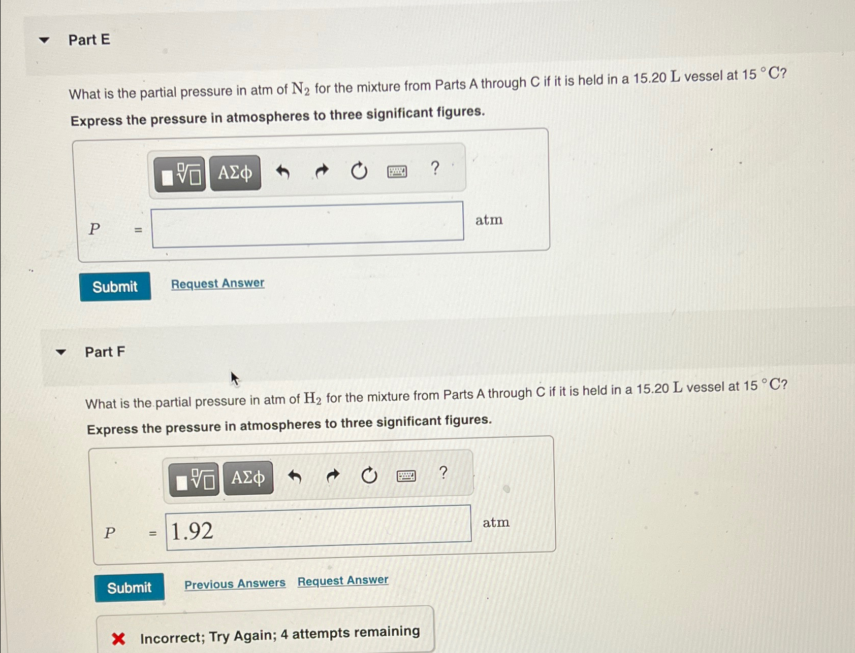 Part EWhat is the partial pressure in atm of N2 ﻿for | Chegg.com