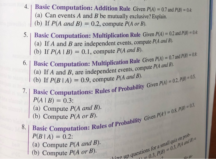 Solved 4. Basic Computation: Addition Rule Given P(A) = 0.7 | Chegg.com