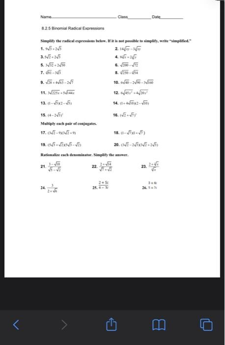 Solved Name Date 8.2.5 Binomial Radical Expressions Simplify | Chegg.com