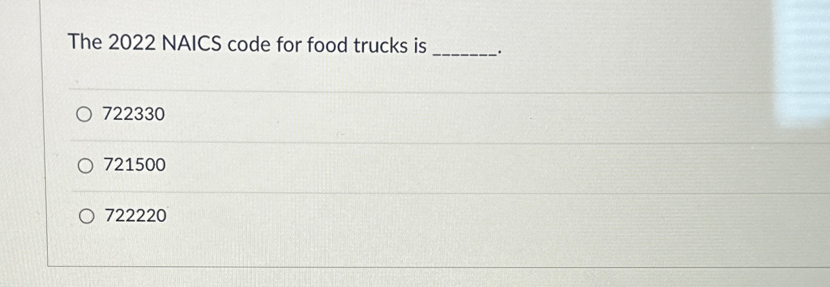 Solved The 2022 ﻿NAICS code for food trucks | Chegg.com