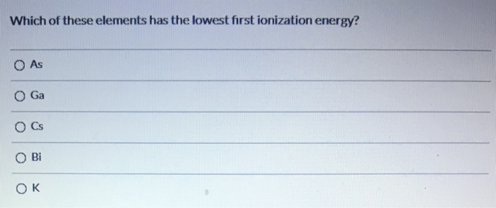 Solved Which of these elements has the lowest first | Chegg.com