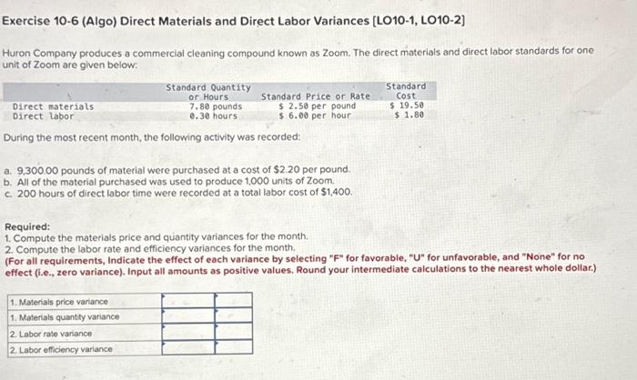 Solved Exercise 10-6 (Algo) Direct Materials and Direct | Chegg.com