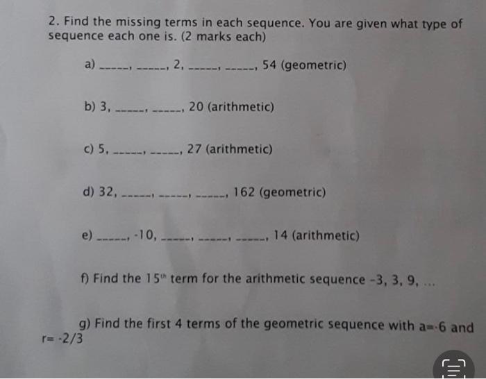 Solved 2. Find the missing terms in each sequence. You are | Chegg.com