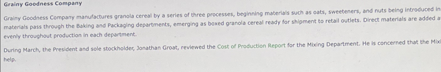 Solved Grainy Goodness CompanyGrainy Goodness Company | Chegg.com