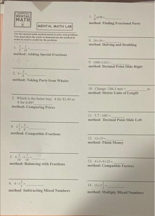 Solved SECRETS BY MENTAL MATH MENTAL MATH LAB Use the mental | Chegg.com