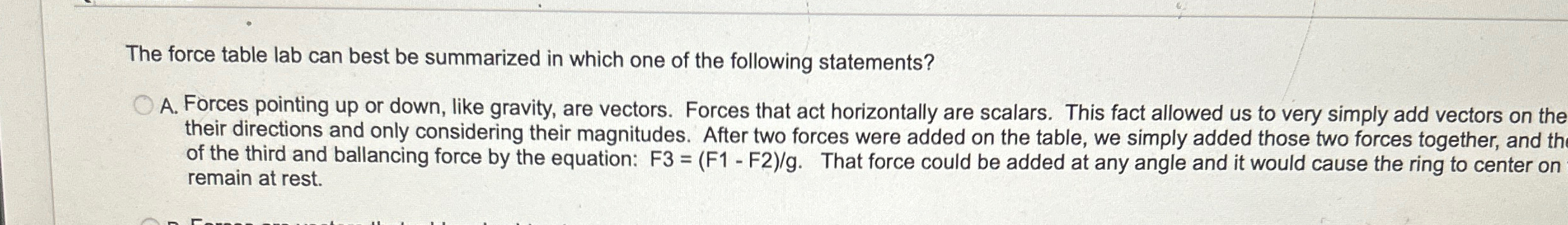 Solved The force table lab can best be summarized in which | Chegg.com