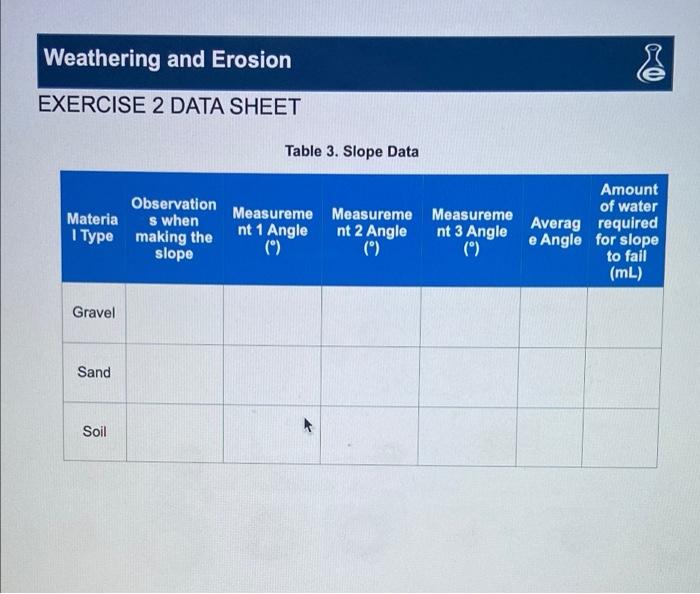 Weathering and Erosion EXERCISE 2 DATA SHEET Table 3. | Chegg.com