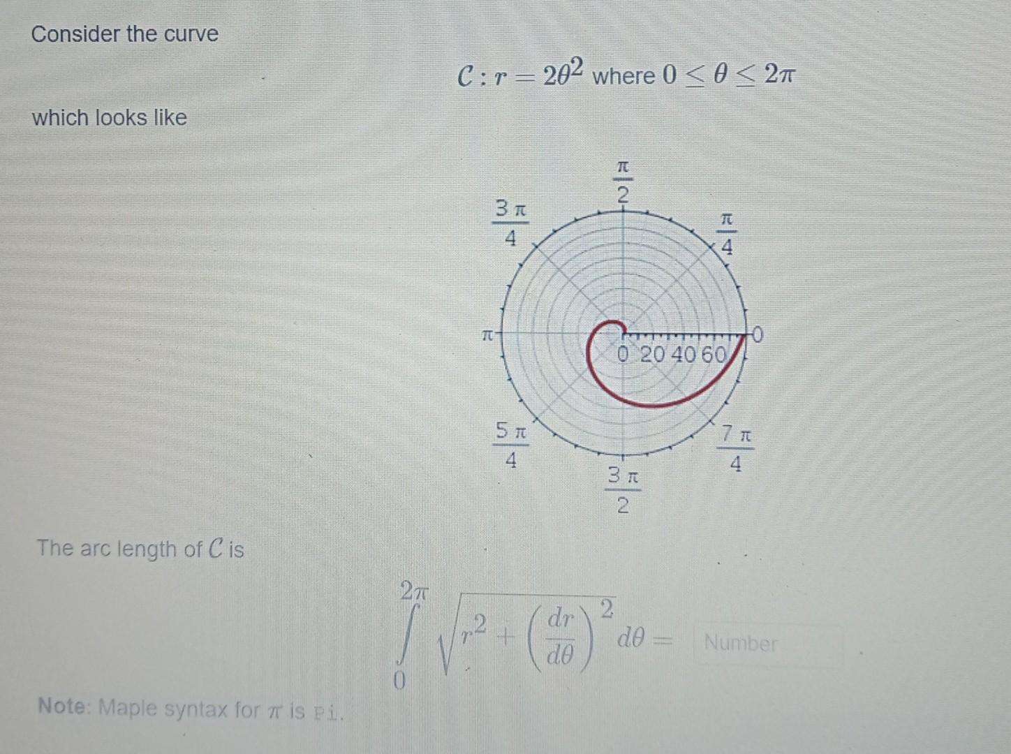 Solved Consider the curveC:r=2θ2 ﻿where 0≤θ≤2πwhich looks | Chegg.com