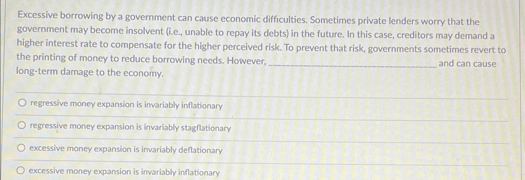 Solved Excessive borrowing by a government can cause | Chegg.com