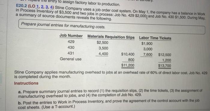 Solved entry to assign factory labor to production. E20.2 | Chegg.com