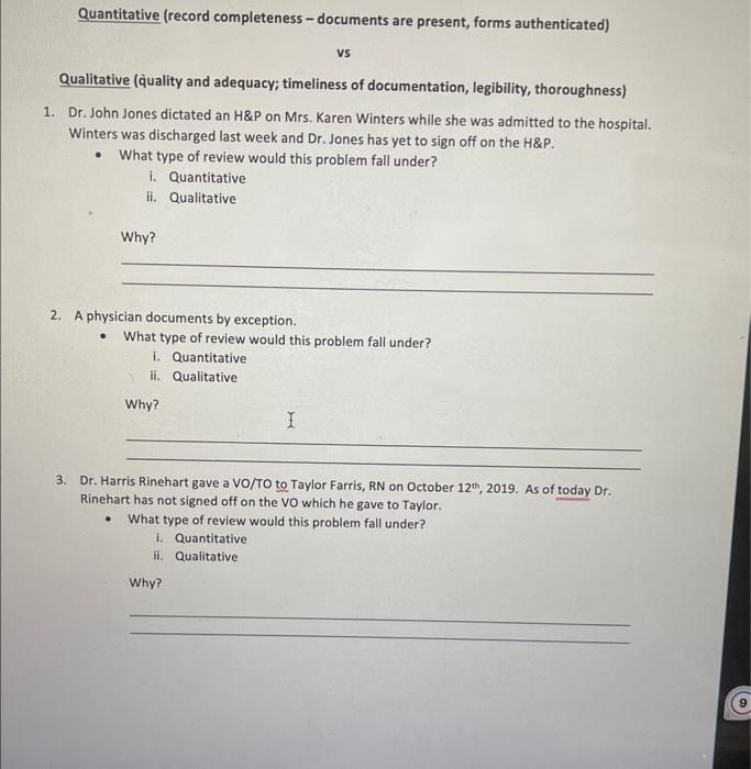 Solved Quantitative (record completeness - documents are | Chegg.com