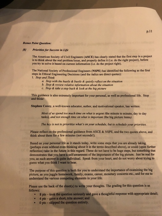 Solved p.11 Bonus Point Question: [8] Priorities for Success | Chegg.com