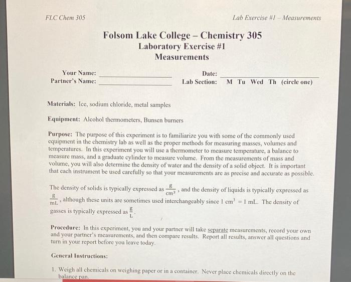 FLC Chem 305 Lab Exercise #1 - Measurements Folsom | Chegg.com