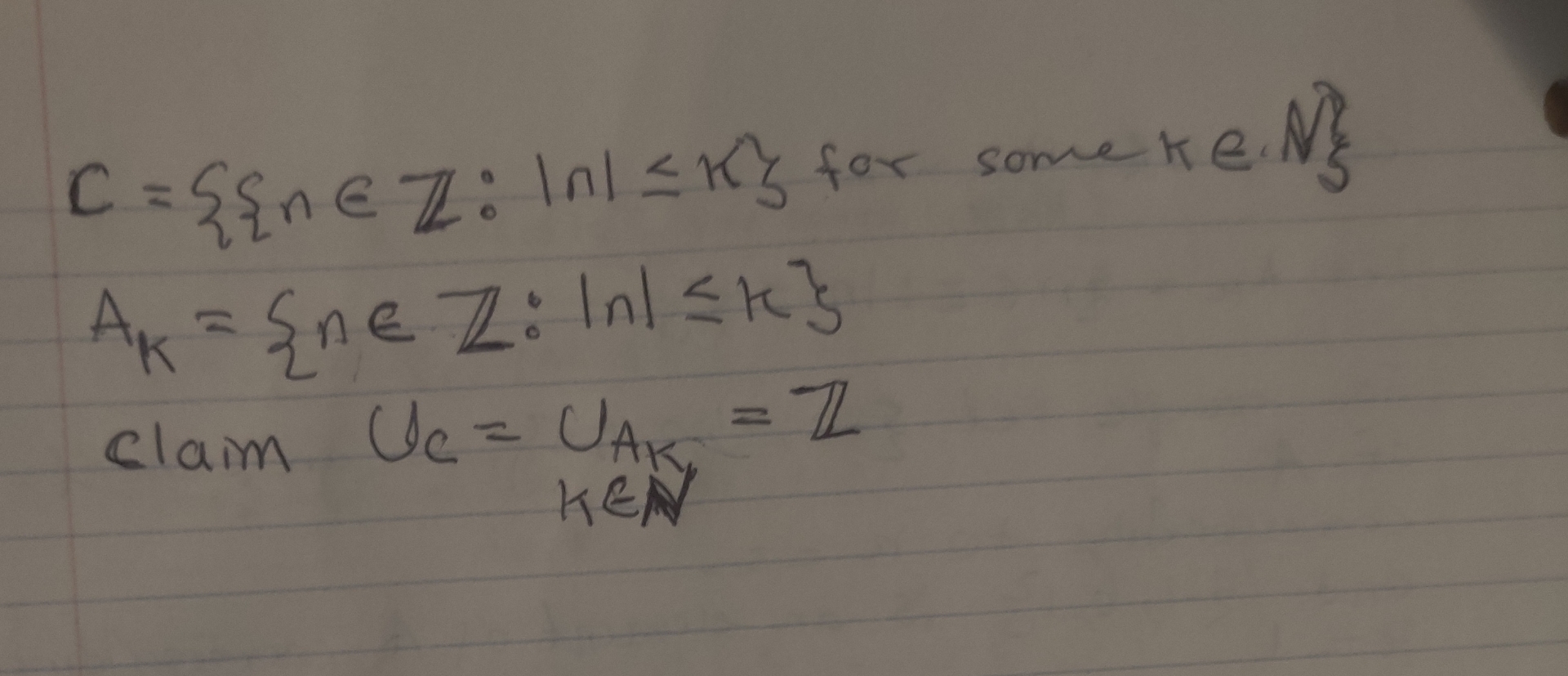 Solved C={{n in Z: |n|≤K} ﻿for some k in N}AK={n in Z:|n|≤K} | Chegg.com