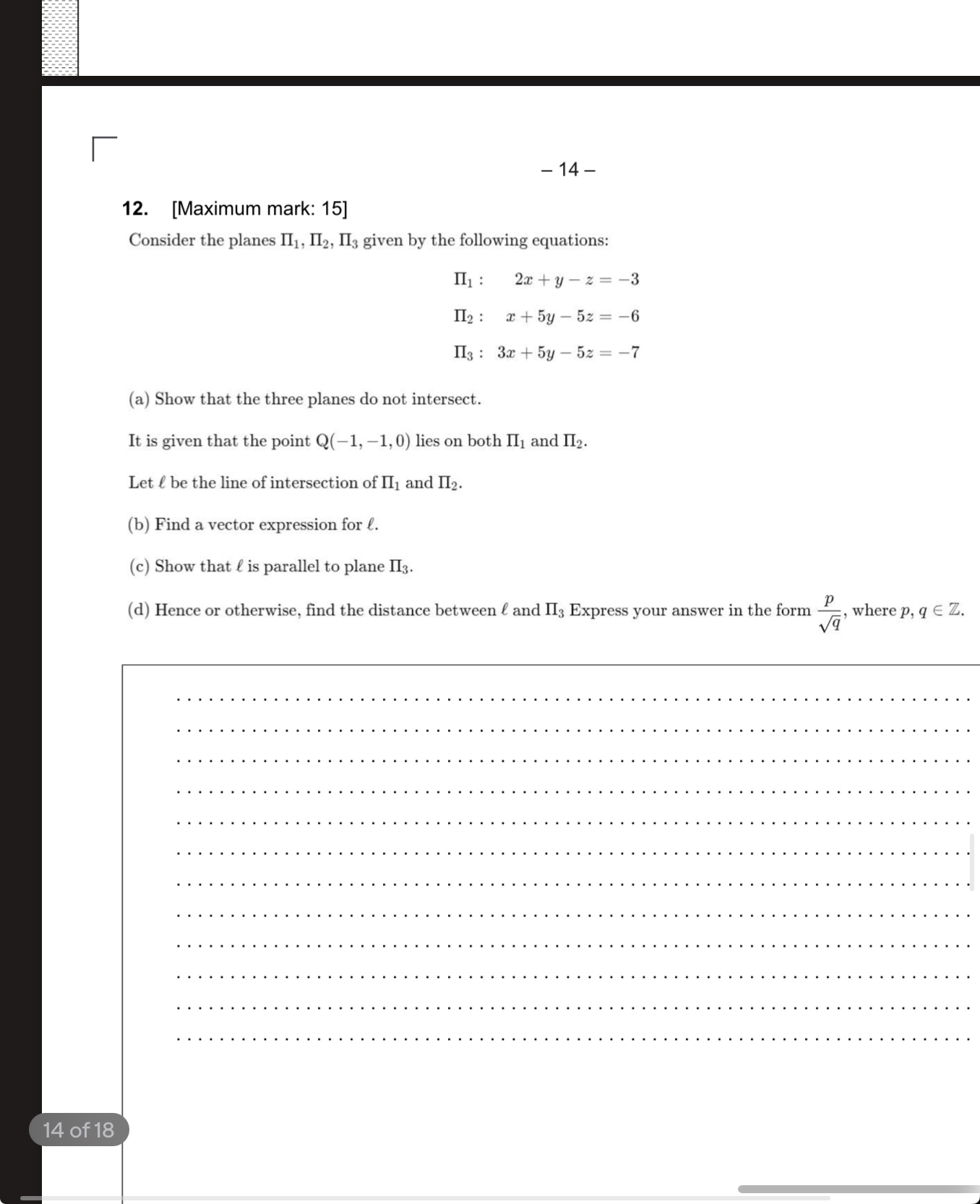 Solved -14-12. [Maximum mark: 15]Consider the planes | Chegg.com