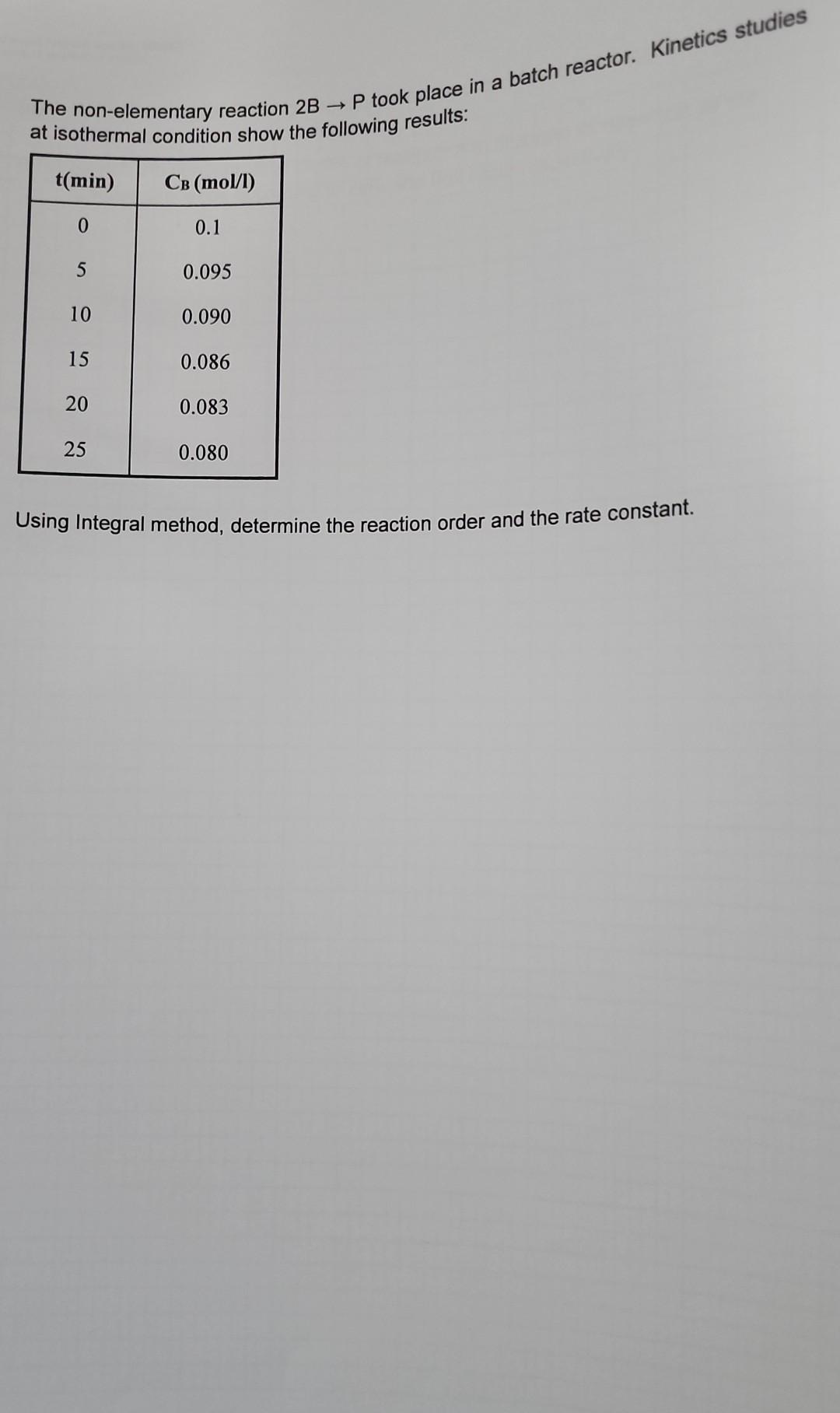 Solved The non-elementary reaction 2 B→P took place in a | Chegg.com