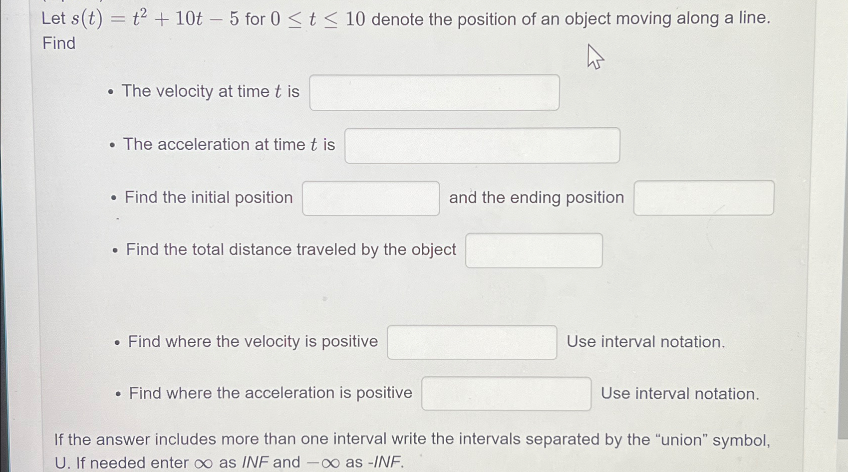 Solved Let s(t)=t2+10t-5 ﻿for 0≤t≤10 ﻿denote the position of | Chegg.com