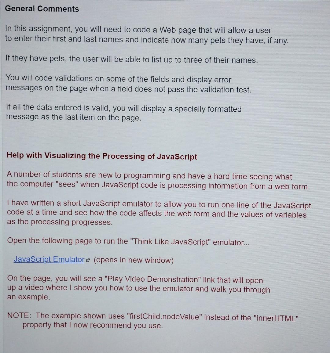 Solved JavaScript requirements and HTML how many pets | Chegg.com