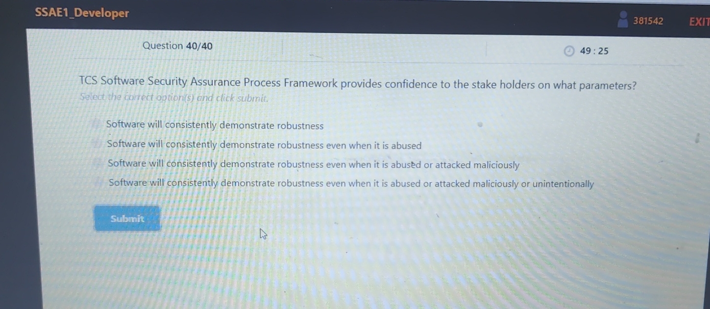 Solved SSAE1_Developer381542Question 40/4049:25TCS Software | Chegg.com