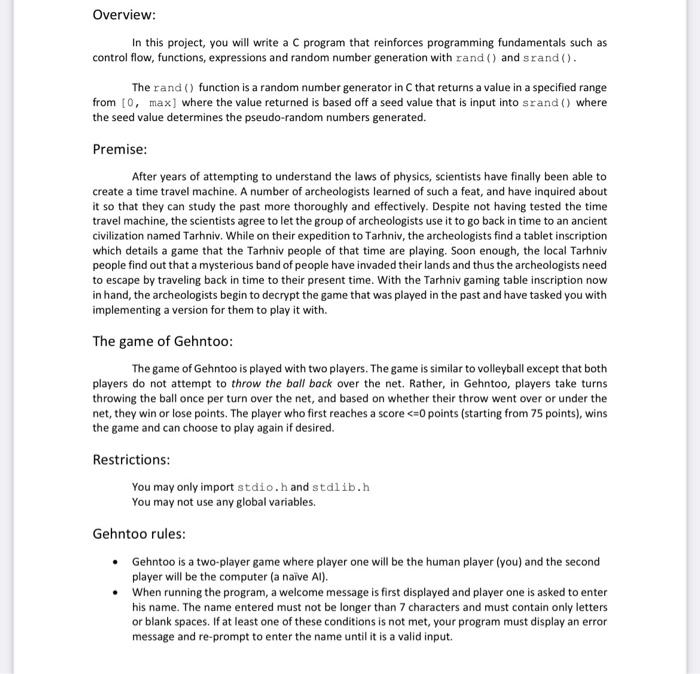Solved Overview: In this project, you will write a C program | Chegg.com
