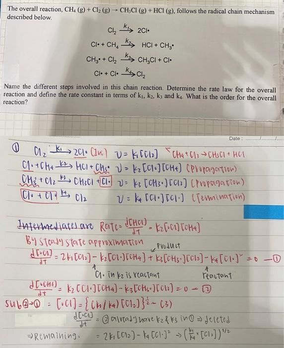 The overall reaction, CH4( g)+Cl2( | Chegg.com