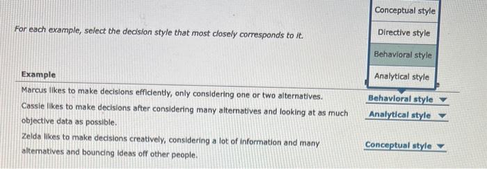 Solved For each example, select the decision style that most | Chegg.com
