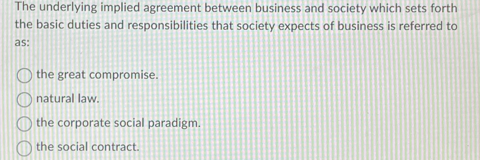 Solved The underlying implied agreement between business and | Chegg.com